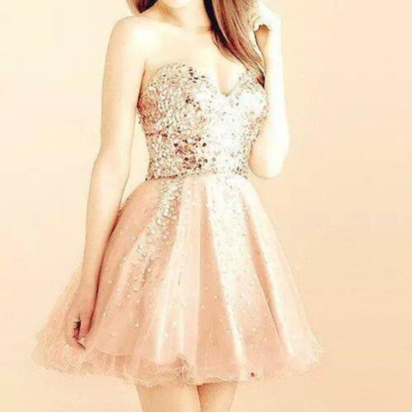 Custom Made A Line Sweetheart Neck Gold Sequins Short Prom Dresses ...